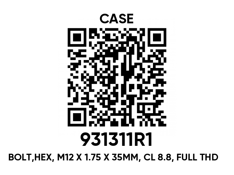 931311R1 BOLT,Hex, M12 x 1.75 x 35mm, Cl 8.8, Full Thd - Case spare ...